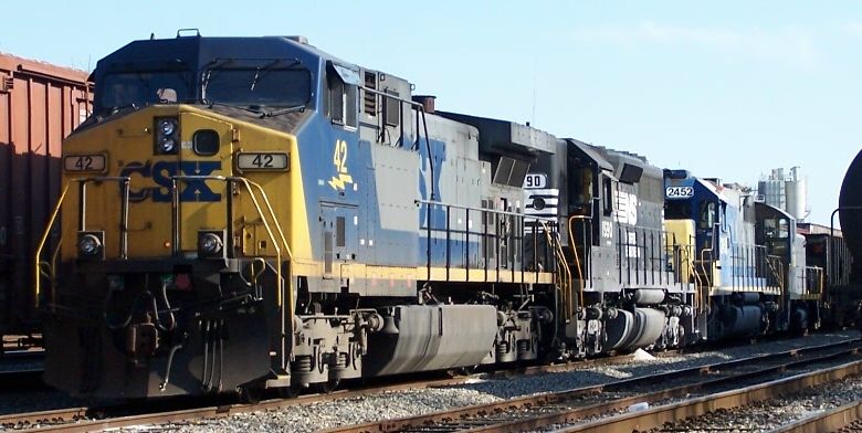 Northbound CSX with the following locomotives: CSX 42 (CW44AC), NS 1590 (Ex N&W SD40), CSXT 2452 ...